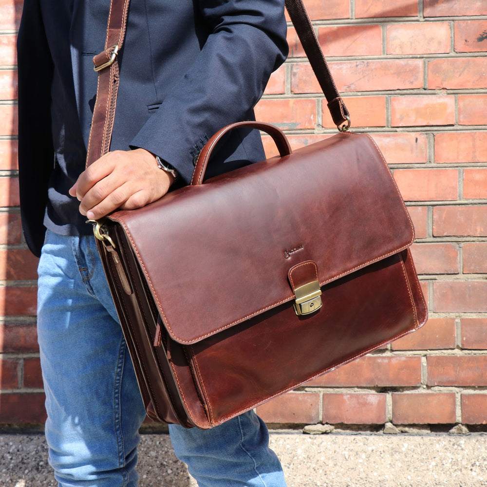 BACCINI briefcase leather LUCA brown 15" business bag